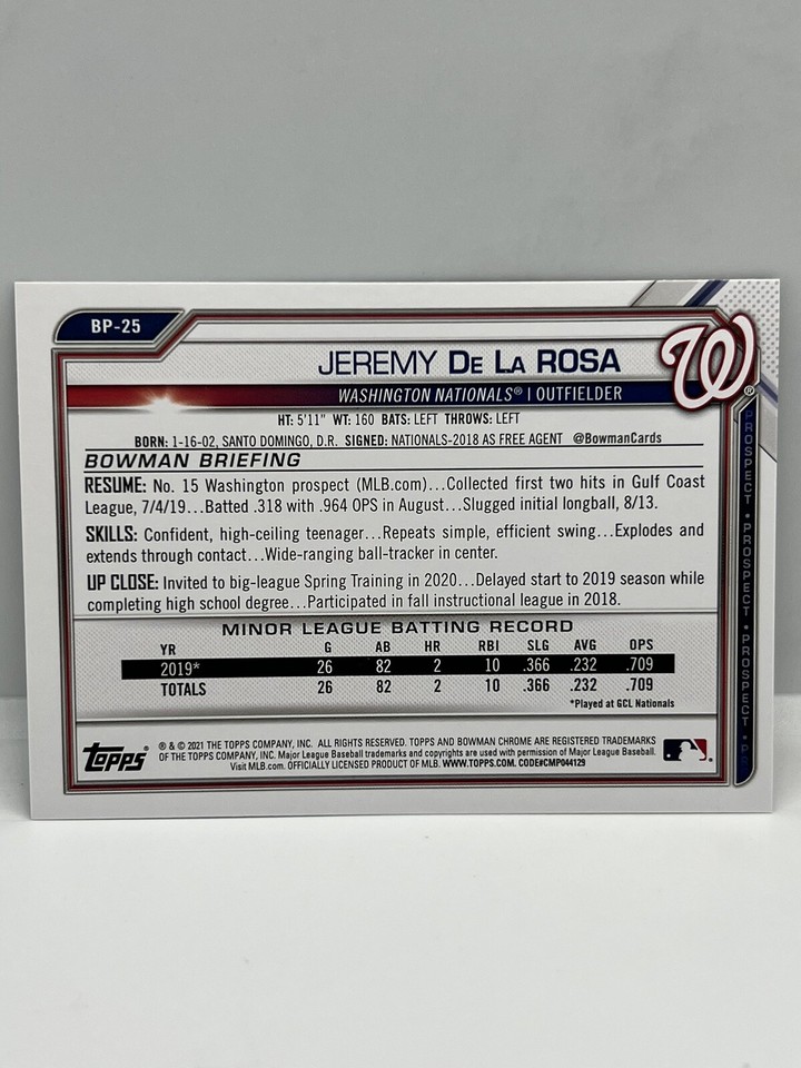 2021 Bowman Jeremy De La Rosa CAMO 1st SP #BP-25 Washington Nationals ...