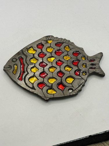 Vintage Metal Shaped Fish Trivet With Yellow And Red Resin Spots Made ...