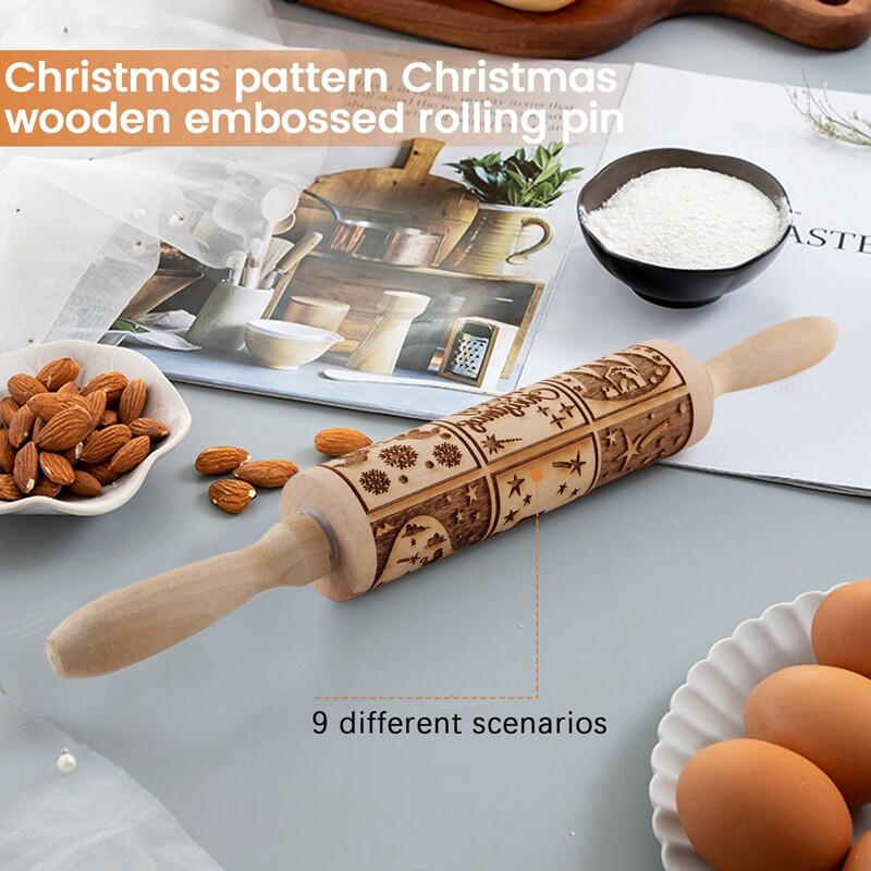 Nativity Pattern Christmas Wooden Embossing Rolling Pin with 9 ...