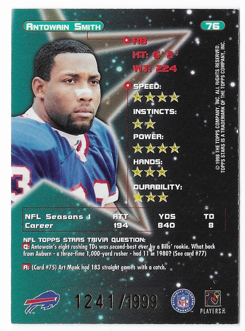Antowain Smith 1998 Topps Stars Gold #76 /1999 Buffalo Bills Numbered ...