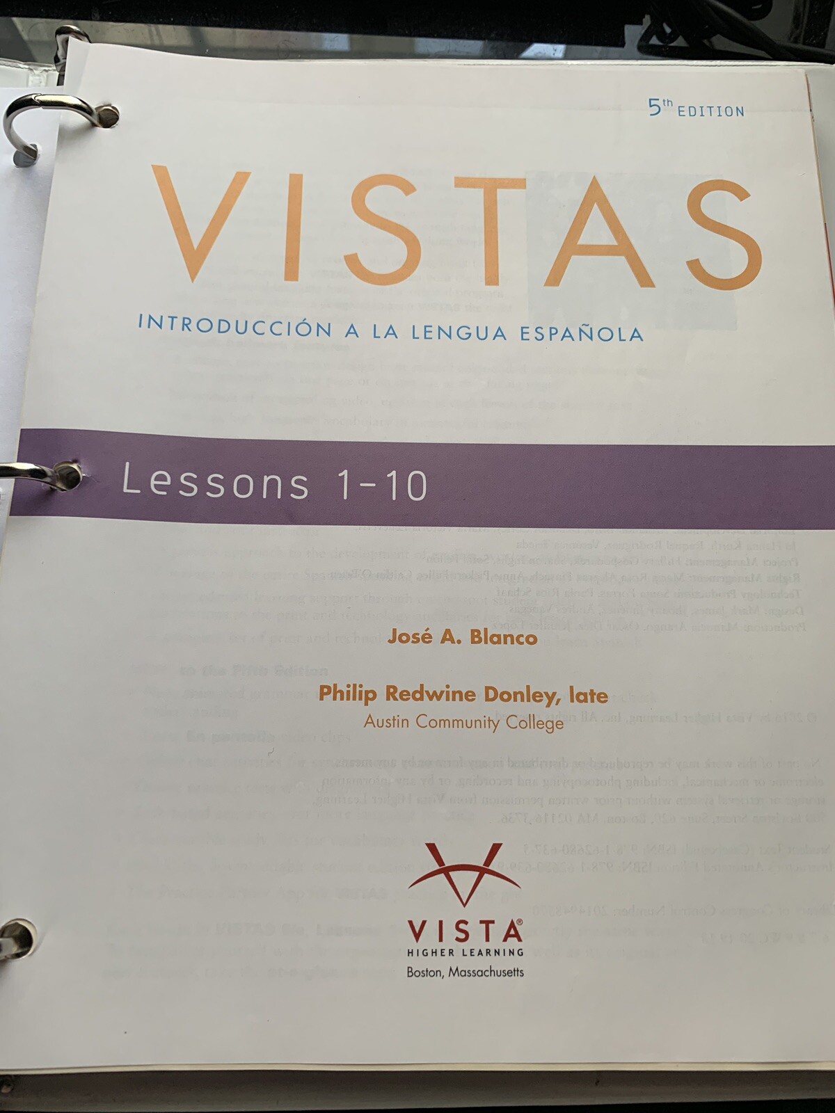 Vistas 5th Edition Lessions 1-10 Published by Jose A. Blanco (Loose ...