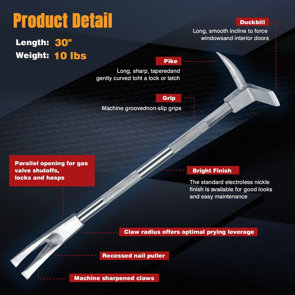 30" Halligan Bar with Metal Cutting Claw, Halligan Bar for Fire Rescue ...