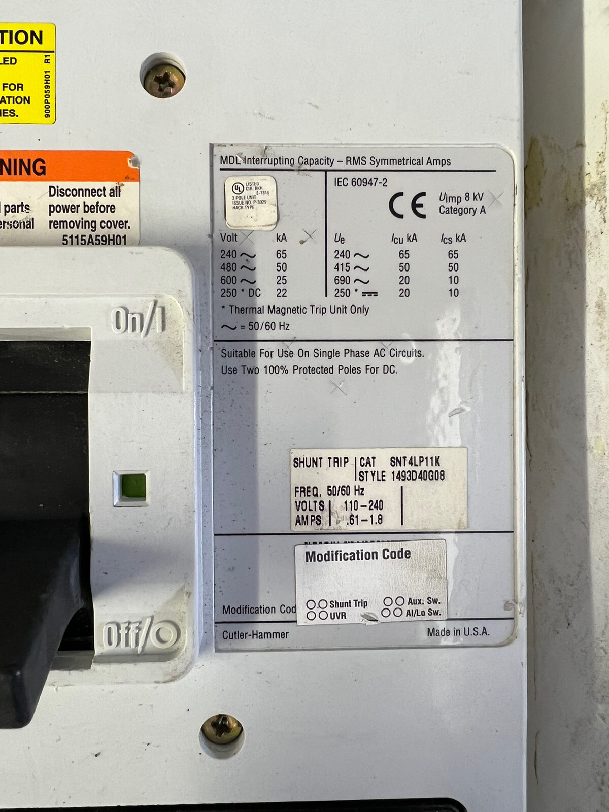 MDL3800 Cutler Hammer 800 Amp 600V MT3800T Trip SNT4LP11K Shunt Circuit ...