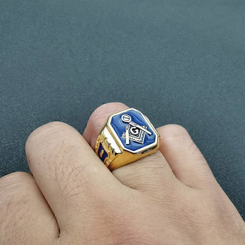 Blue Enamel Freemason Symbol Ring Stainless Steel Vintage Biker Masonic ...