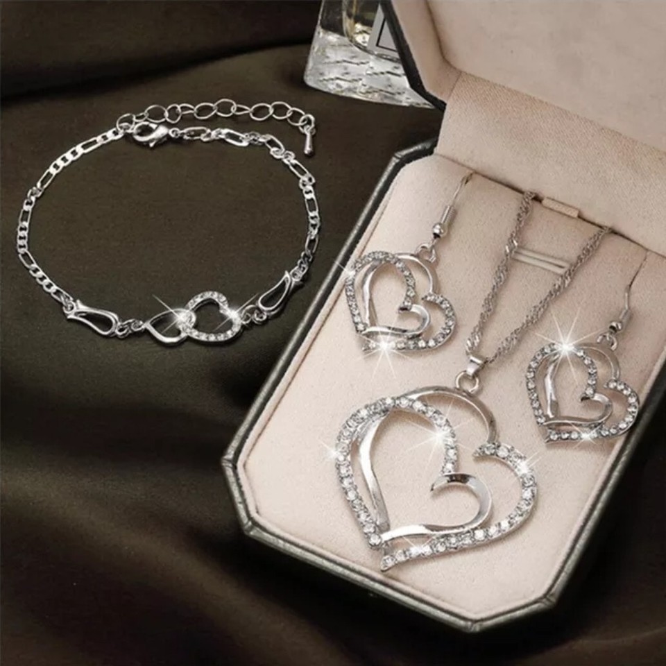 Crystal Heart Jewelry Set with Necklace Bracelet Earrings Women's Gift ...