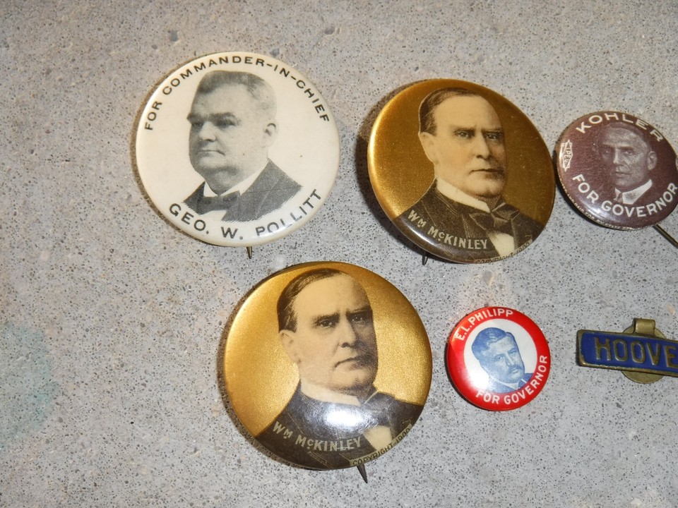 8 POLITICAL BUTTONS WM MCKINLEY KOHLER HOOVER ELECTION HISTORICAL ...