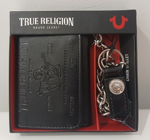True Religion Mens Evans Leather Black Bifold Chain Wallet Etched New ...