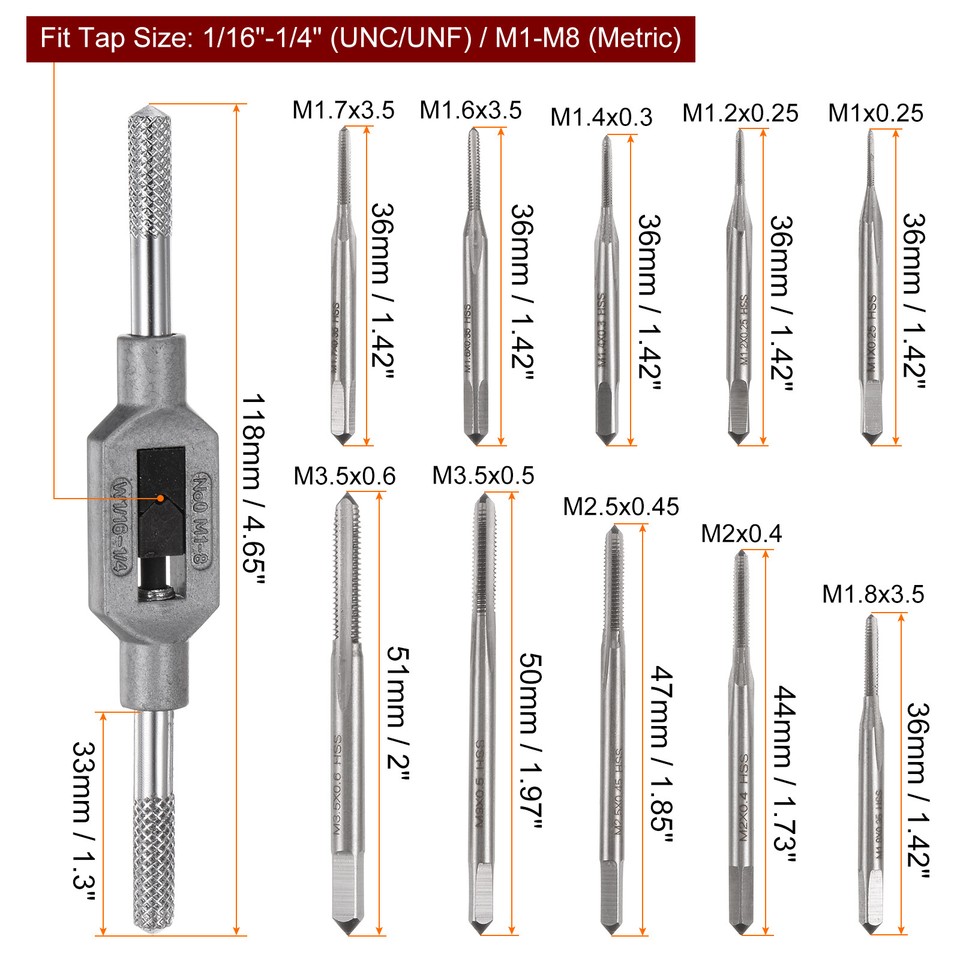 11pcs Micro Tap Wrench Set M1-M3.5 Screw Taps M1-M8 / 1/16"-1/4 ...