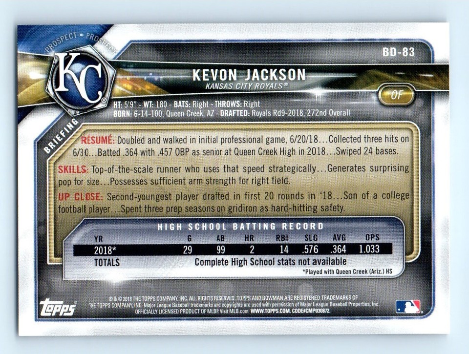 2018 Bowman Draft Kevon Jackson Kansas City Royals #BD-83 1st Bowman | eBay