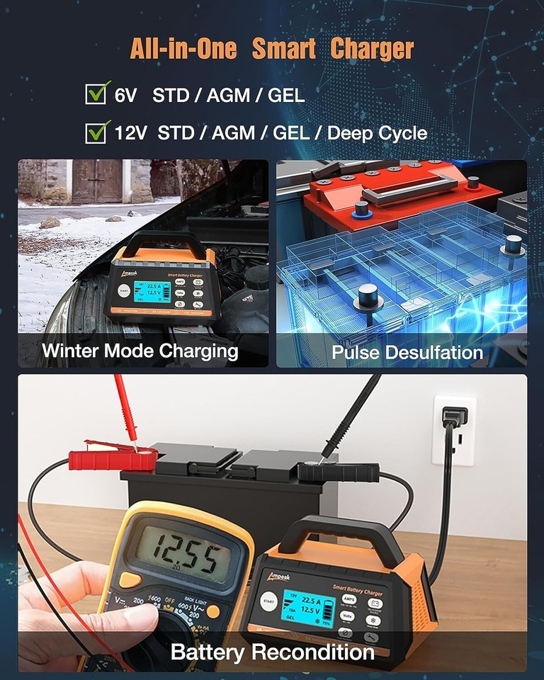 Smart 2A/8A/15A Car Battery Charger for 6V/12V with Winter Mode & Multi ...