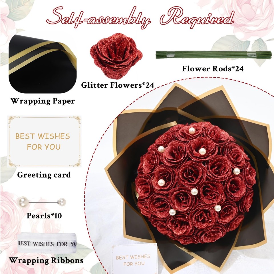 24 Roses Red Glitter Roses Bouquet, DIY Fake Flowers, Shiny, Valentines ...