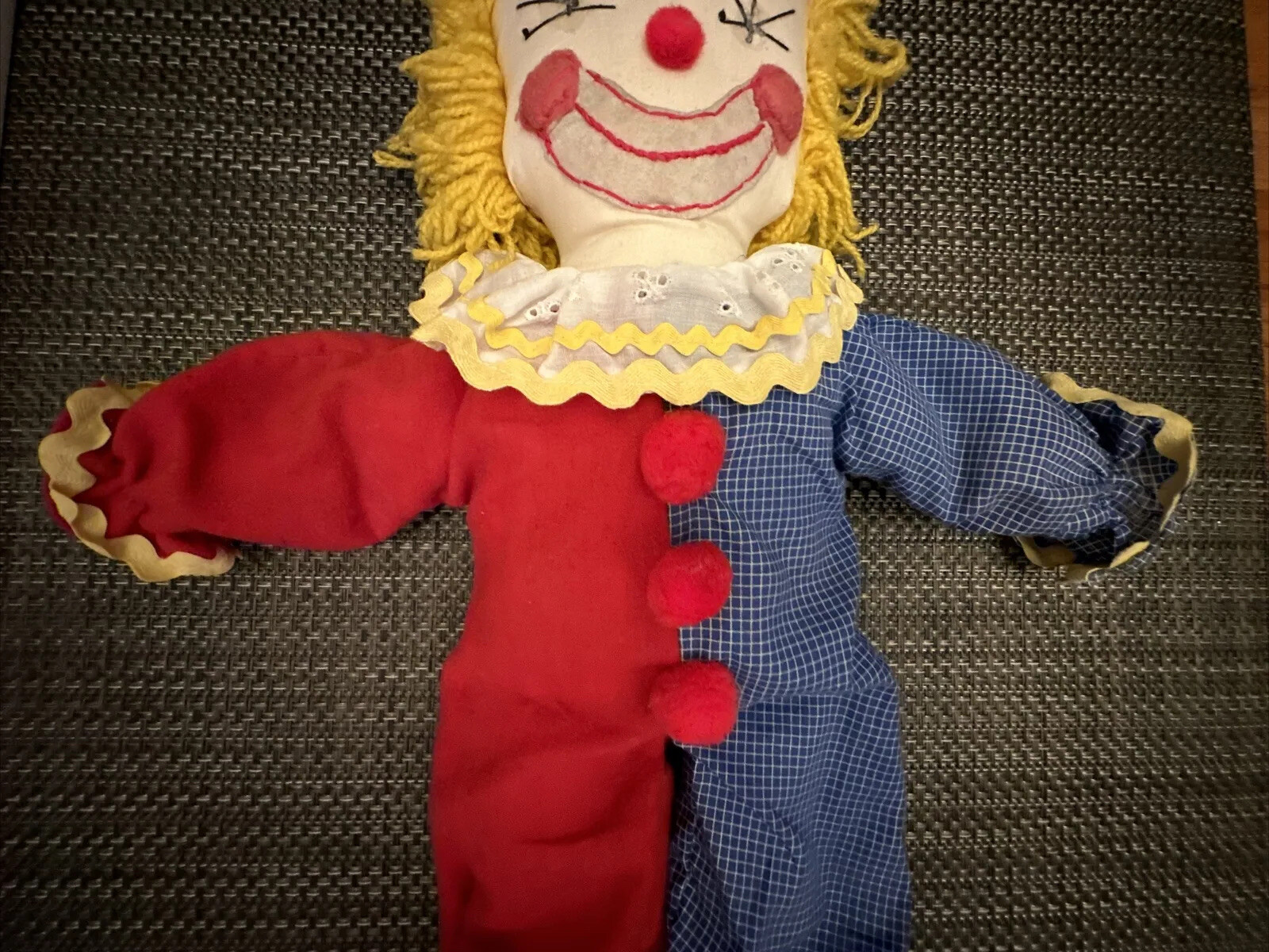 Vintage Rare Folk Art Handmade Cloth Clown Doll Red Poms Raggedy Andy ...