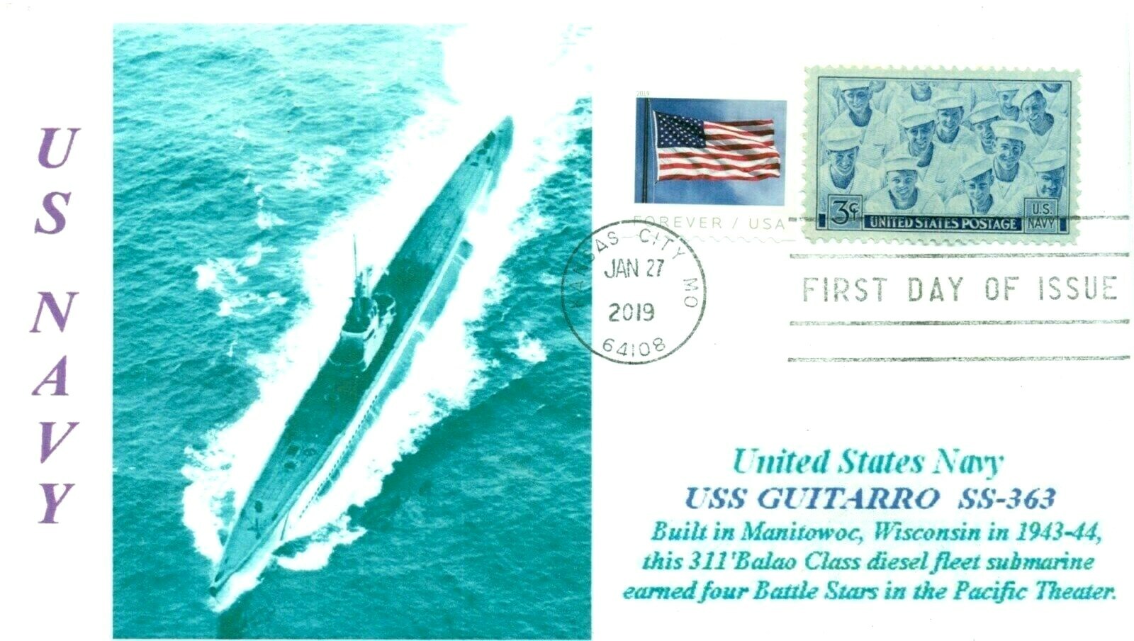 USS GUITARRO SS-363 World War II Submarine Manitowoc Built PhotoCachet ...