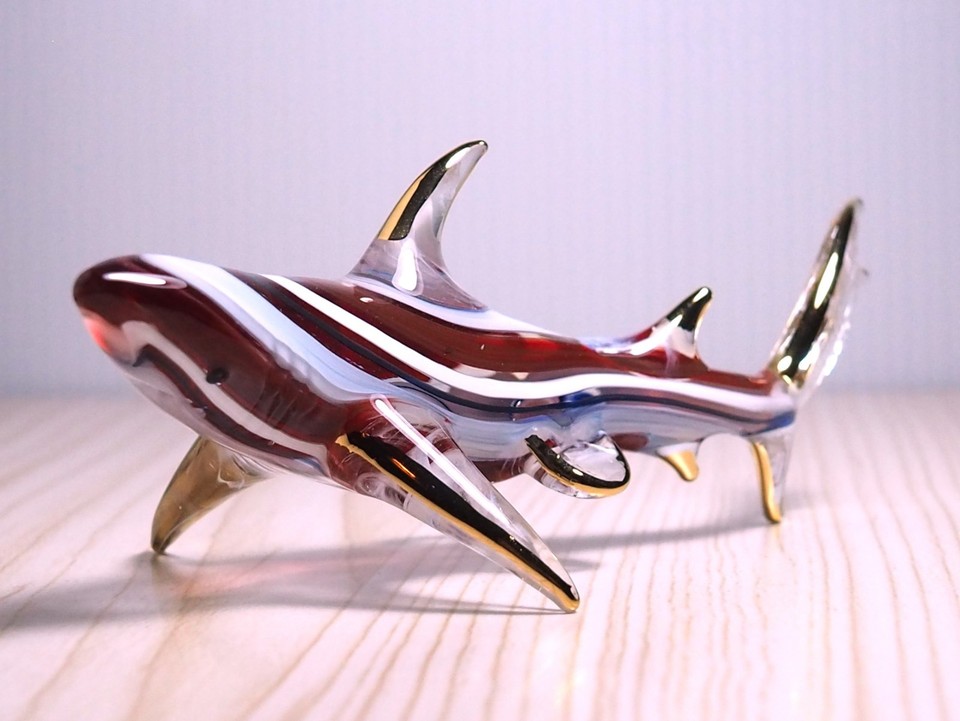 Maroon Blue Shark figurine handmade blown glass art gold trim 4.25 ...