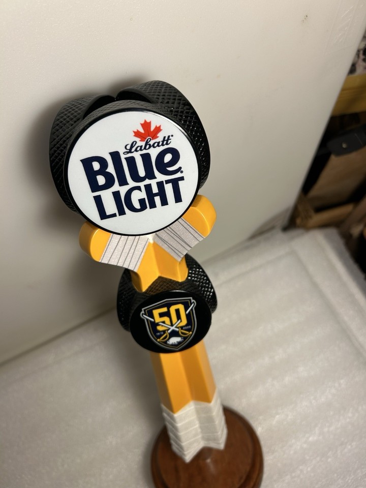 LABATT BLUE LIGHT BUFFALO SABRES 3 HOCKEY STICKS AND PUCKS beer tap ...