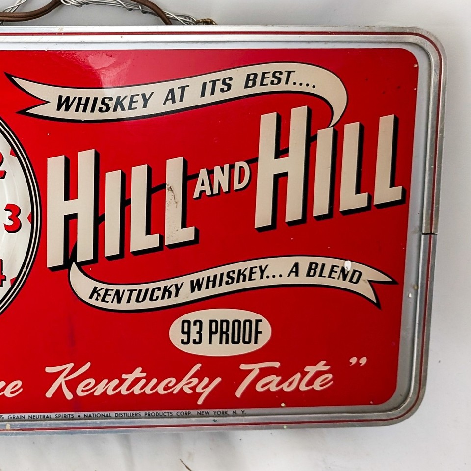 Vtg Hill & Hill Kentucky Whisky Bar Clock Sign Hanging Reverse Painted ...