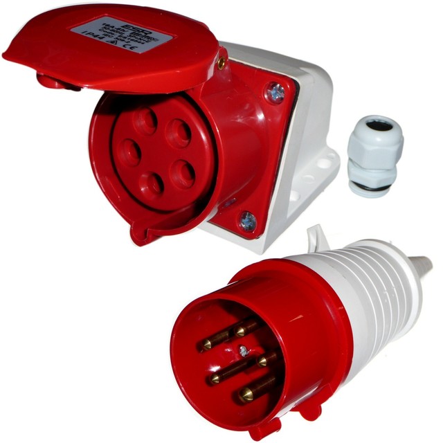 16 Amp 5 Pin Plug and Socket 3 Phase 400v Weatherproof Ip44 Red 16a ...