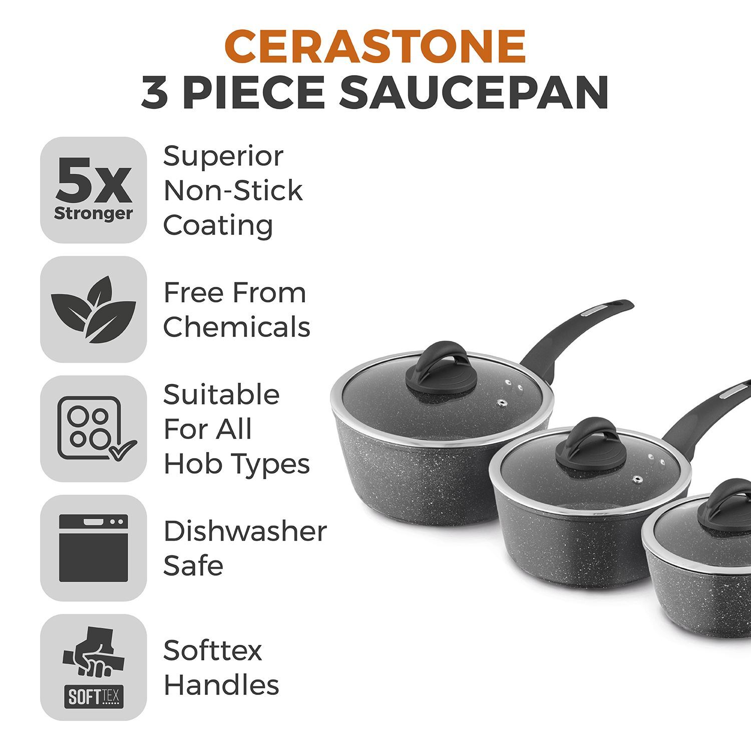 Tower Cerastone Saucepan Set 3 Piece 18/20/22cm Non-Stick, Induction ...