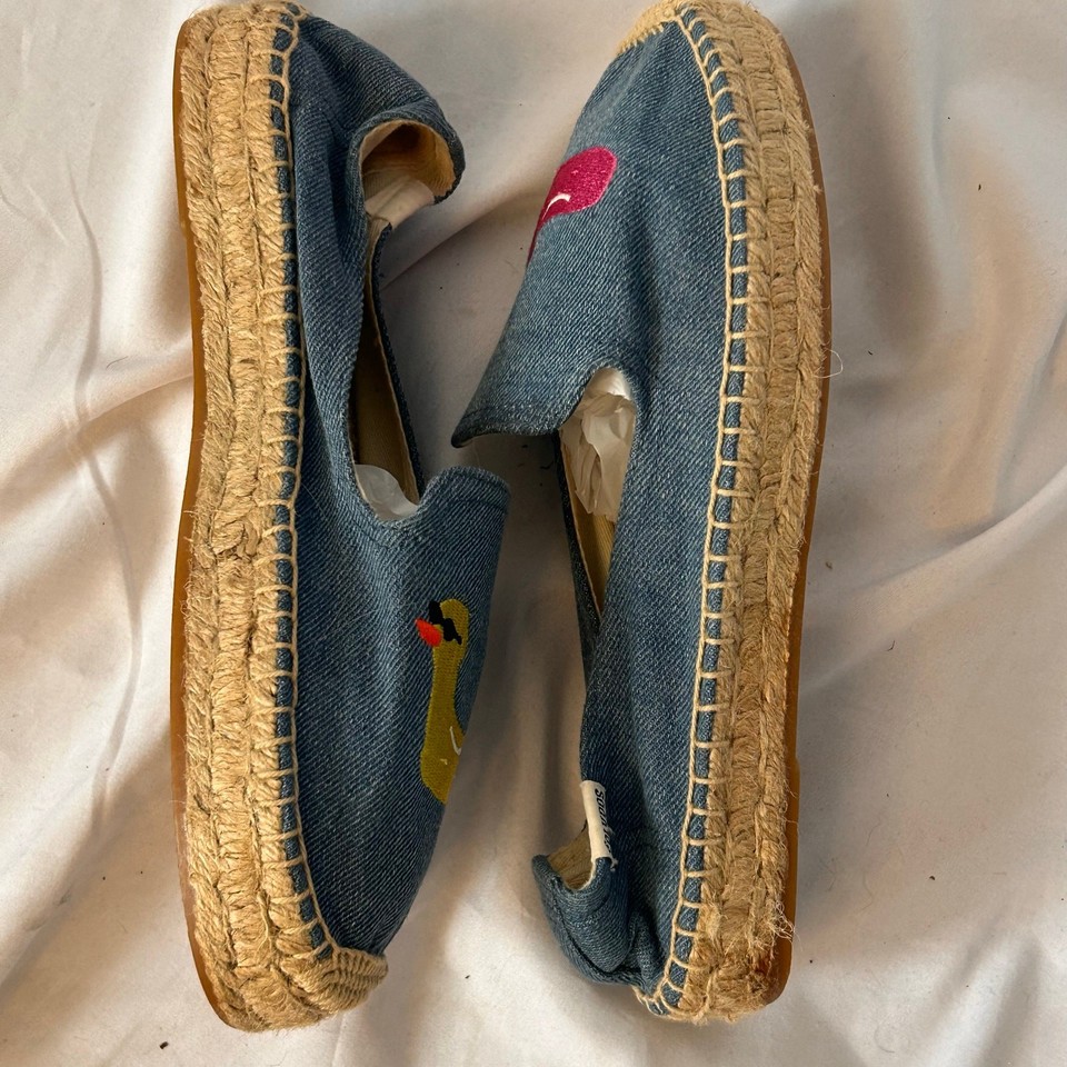 Mary Matson x Soludos Denim Espadrilles Sz 8 Flamingo Duck Embroidered ...