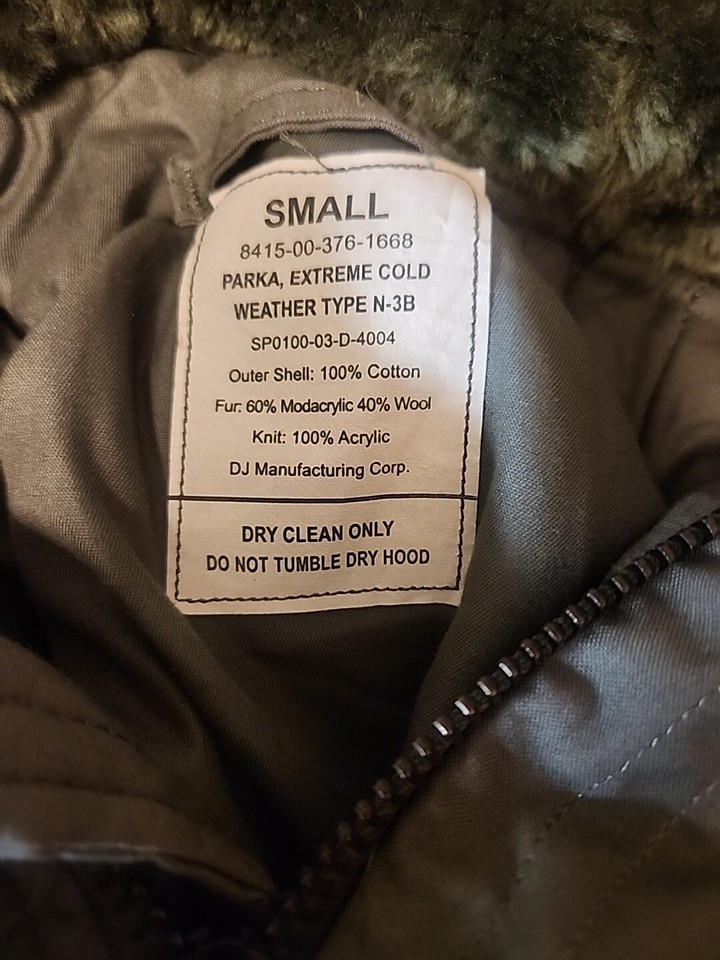US Military Issue EXTREME COLD WEATHER PARKA COAT Type N-3B, SMALL ...