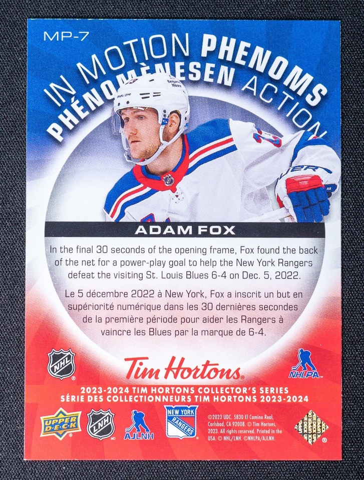 2023-24 Upper Deck Tim Hortons Adam Fox In Motion Phenoms MP-7 ...