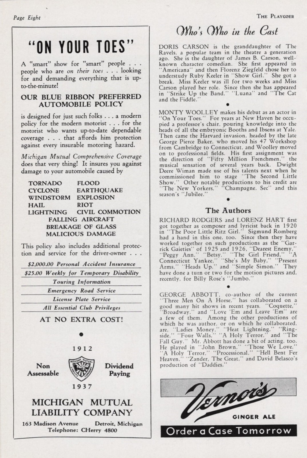 Rodgers and Hart "ON YOUR TOES" Ray Bolger / Luella Gear 1937 Detroit ...