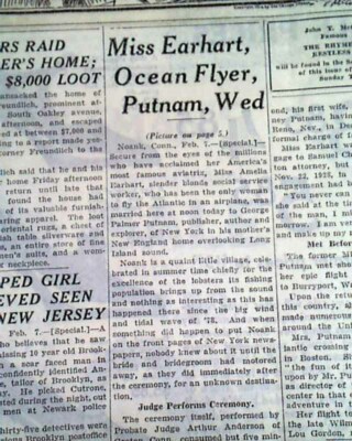 Woman Aviatrix AMELIA EARHART Marriage Weds George Putnam 1931 Chicago ...