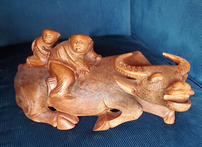 VINTAGE CHINESE 12" HAND CARVED WOODEN OX WITH TWO RIDERS ZEN BUDDHIST ...