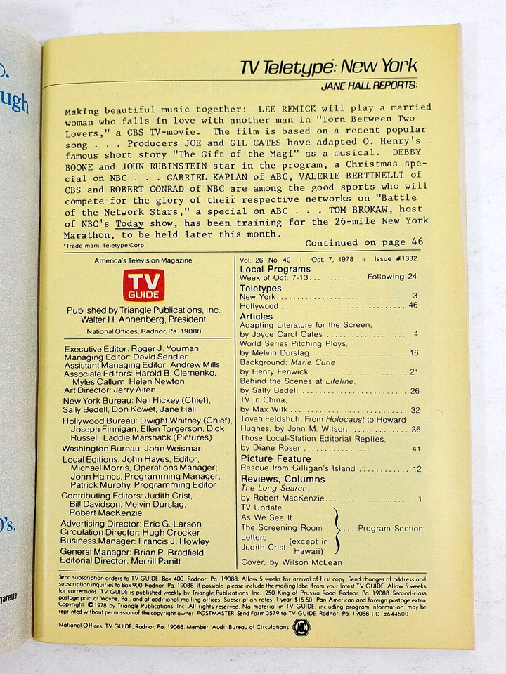 1978 TV Guide Oct 7-13 Baseball World Series Pitching Gilligan's Island ...
