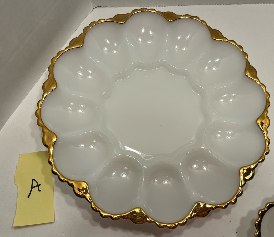 Vintage Anchor Hocking? Milk Glass Deviled Egg Plate Gold Border ...