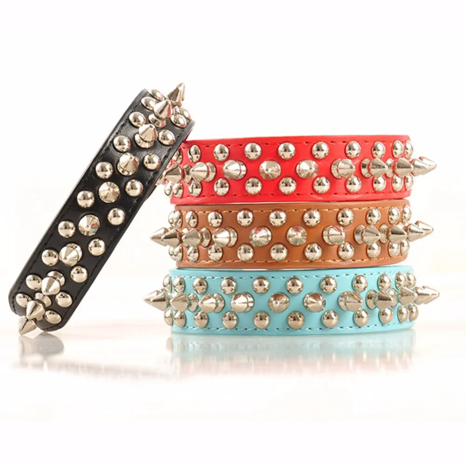 Spiked Studded Leather Dog Collar Rivets Pet Small Large Cat Pit Bull ...