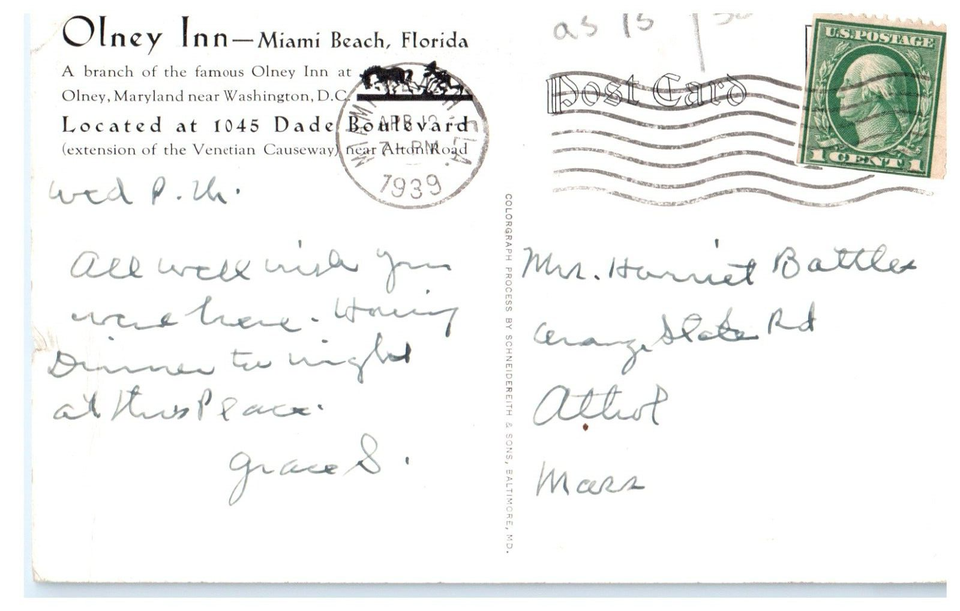 Olney Inn Miami Beach Florida Postcard Posted 1939 | eBay