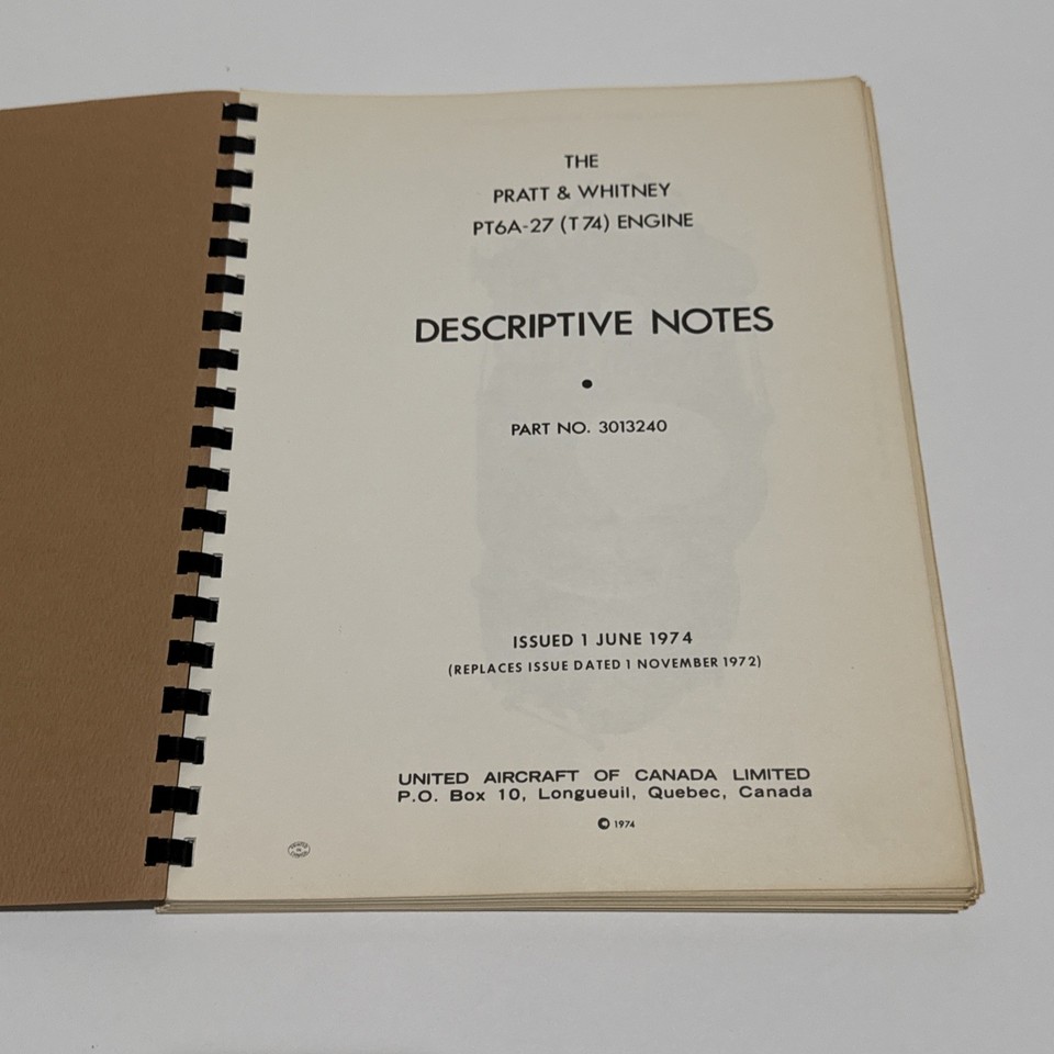 1974 Pratt & Whitney PT6 A-27 Aircraft Engine Descriptive Notes Piper ...