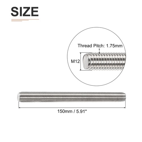 2Pcs M12x1.75x150mm Fully Threaded Rod 304 Stainless Steel Rods Bar ...