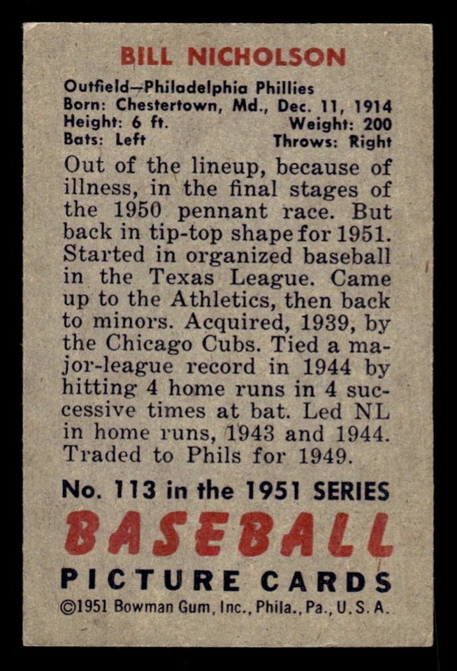 1951 Bowman Baseball #113 Bill (Swish) Nicholson EX *g1 | eBay