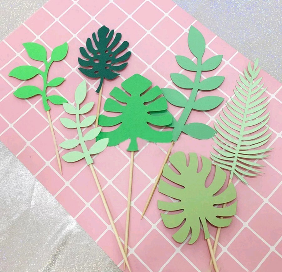 7pcs Nature Green Plant cake topper Jungle cake topper Leave cupcake ...