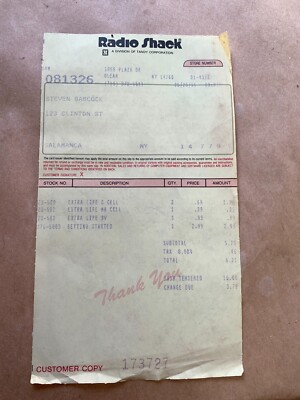 MEMORABILIA Original Radio Shack Vintage Receipt 5/26/95 Paper Yellow ...