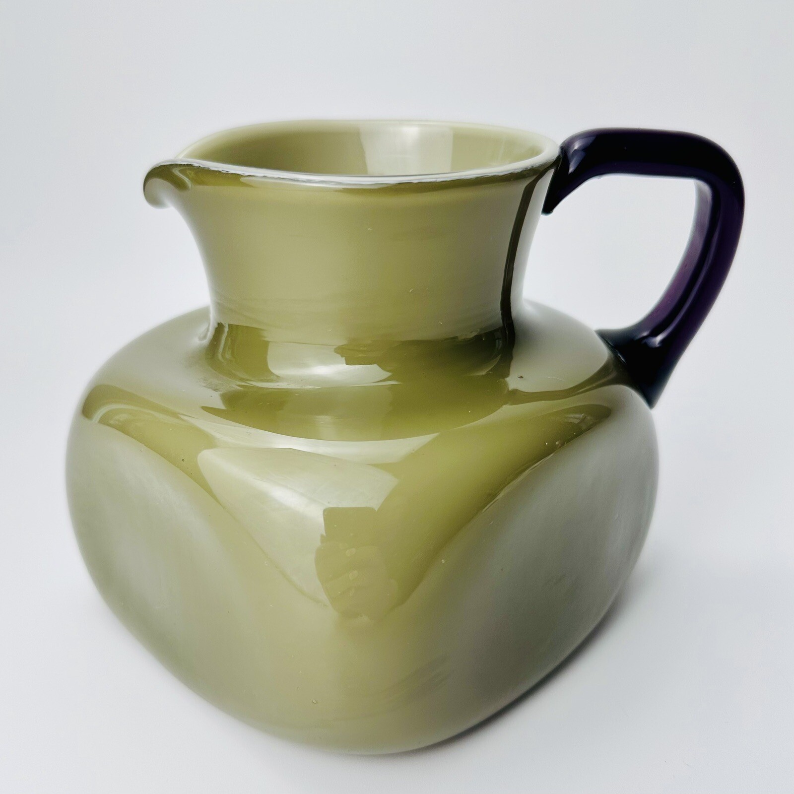 Mid Century Cased Glass Square Pitcher Smoked Green with Applied Purple ...