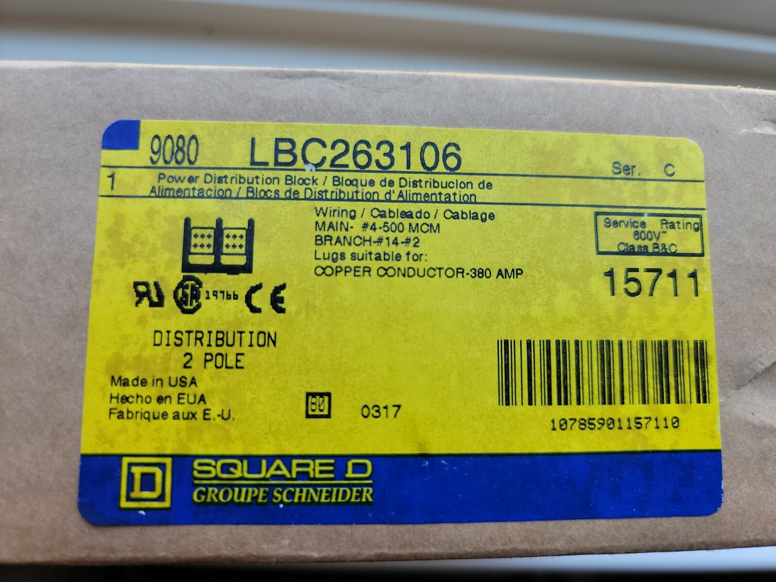 SQUARE D 9080 LBC263206 SERIES C POWER DISTRIBUTION BLOCK 2 POLE, NEW ...