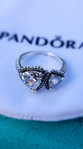 New 100% 925 Sterling Silver Sparkling Halo Hearts Ring 193659C01 size ...