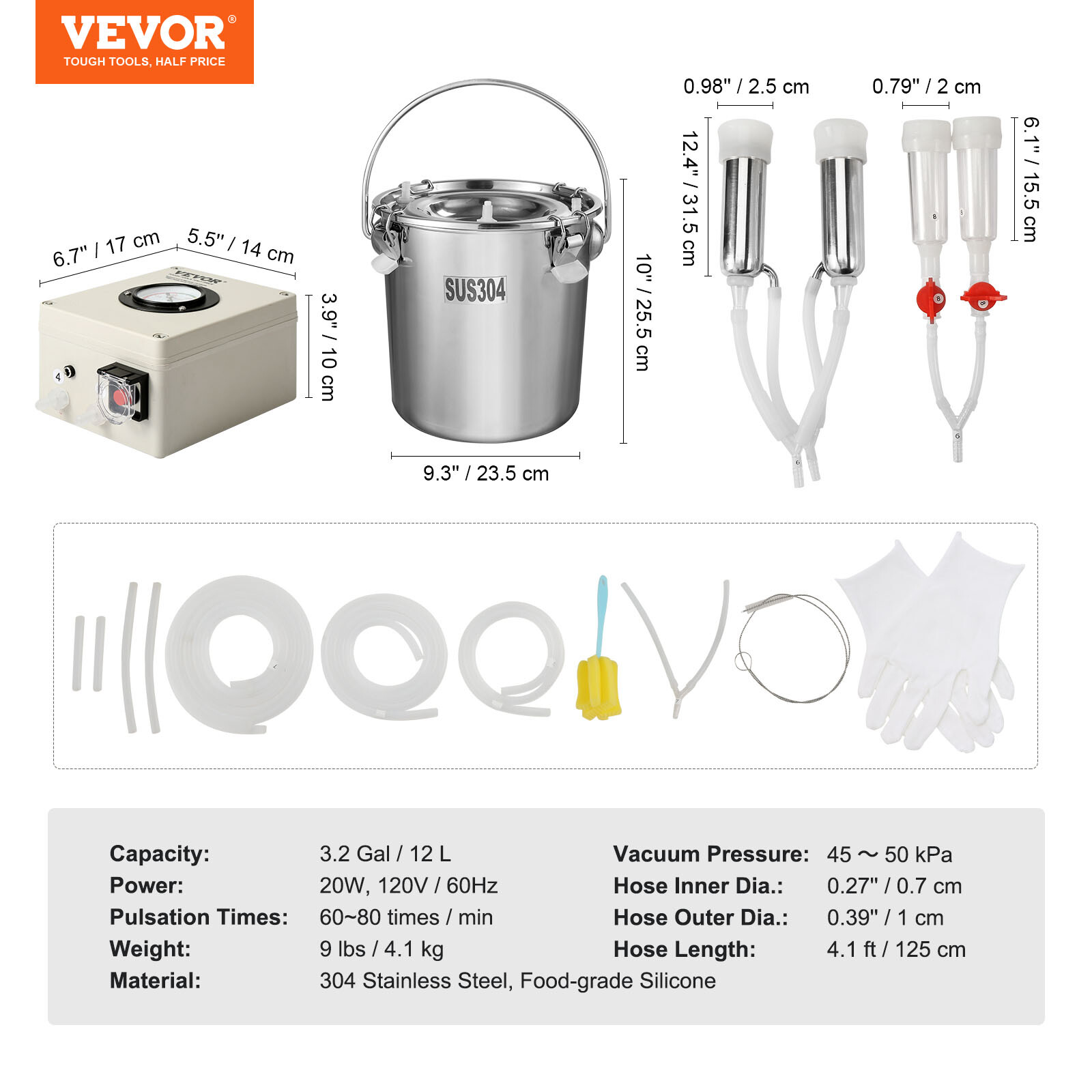 VEVOR Goat Milking Machine Goat Milker 12 L 304 Stainless Steel Bucket ...