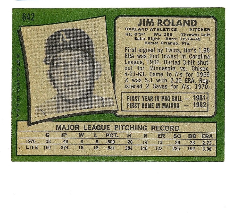 1971 TOPPS OAKLAND A'S JIM ROLAND #642 EX | eBay
