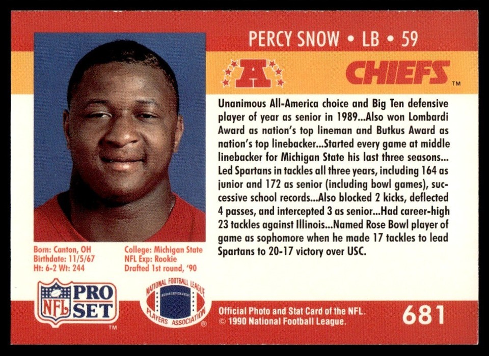 1990 Pro Set Percy Snow Kansas City Chiefs #681 | eBay