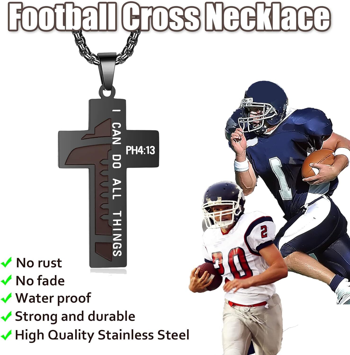 Football Cross Necklace for Boys Bible Verse | Stainless Steel Sport ...