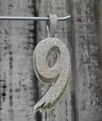 3 Ct Round Lab-Created Diamond Number 9 Men's Pendant 14k White Gold ...