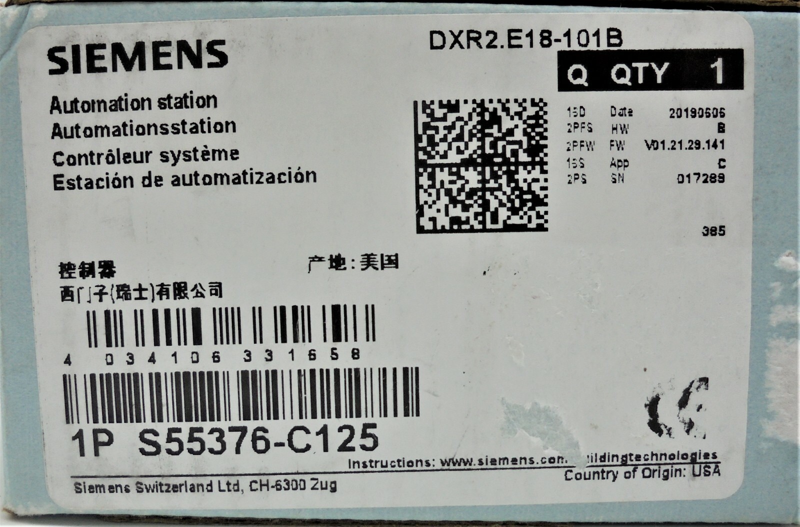 SIEMENS DXR2.E18-101B ROOM AUTOMATION STATION 1P S55376-C125 | eBay