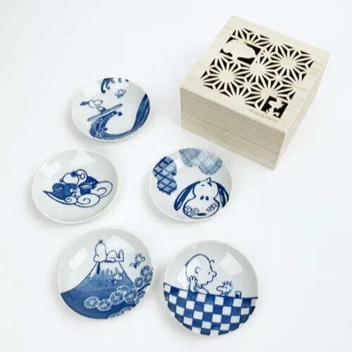 Peanuts Snoopy Small plate Set of 5 w/Wooden Box Φ9cm/3.5in blue and ...
