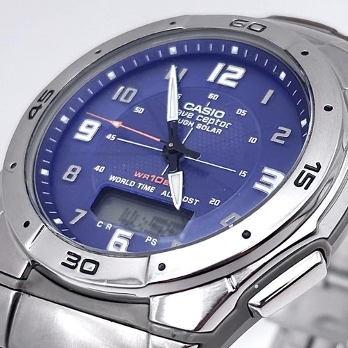 CASIO Wave Ceptor WVA470 Solar Radio Watch Blue Dial Stainless Steel ...