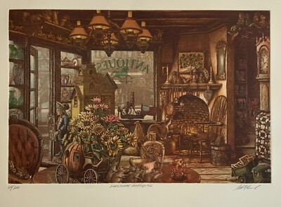 Scott Fitzgerald "Fireside Antiques" Color Etching, Signed & Numbered ...