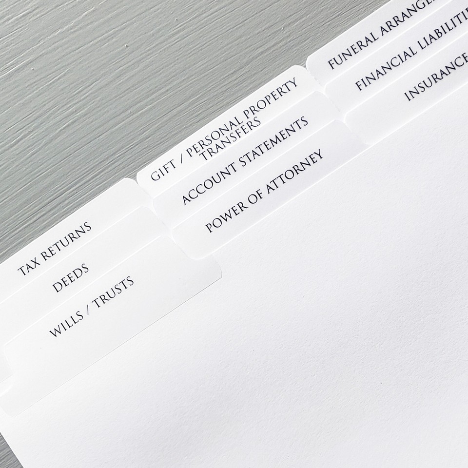 Estate Planning Index TAB DIVIDERS – Sets of 12. Pre-Printed for ...